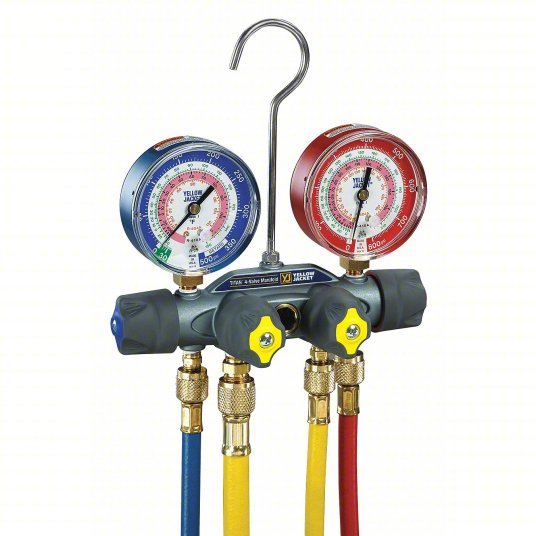 Yellow Jacket 49967 Manifold Gauge 4 Valves, 4 Hoses, Series Titan, 3 ...