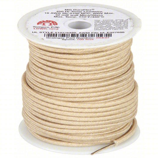 Tempco LDWR-1012 High Temp Lead Wire 16 AWG Wire Size, Natural, 100 ft ...