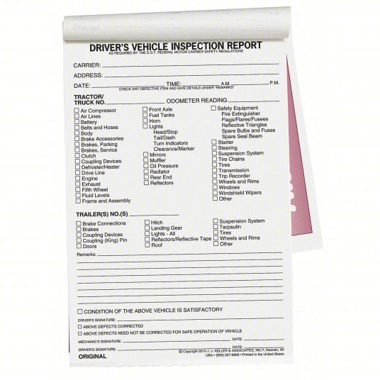 JJ Keller 1854 Carbonless, Driver Vehicle Inspection Report, 2-Ply