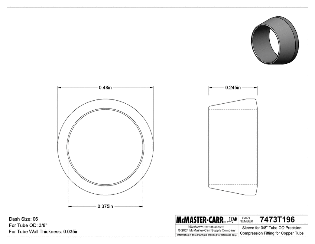 McMaster 7473T196 Sleeve for 3/8" Tube OD Precision Compression Fittin ...