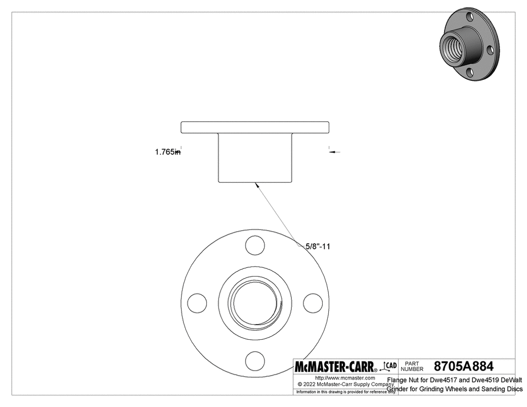 McMaster 8705A884 Flange Nut for Dwe4517 and Dwe4519 DeWalt Grinder fo ...