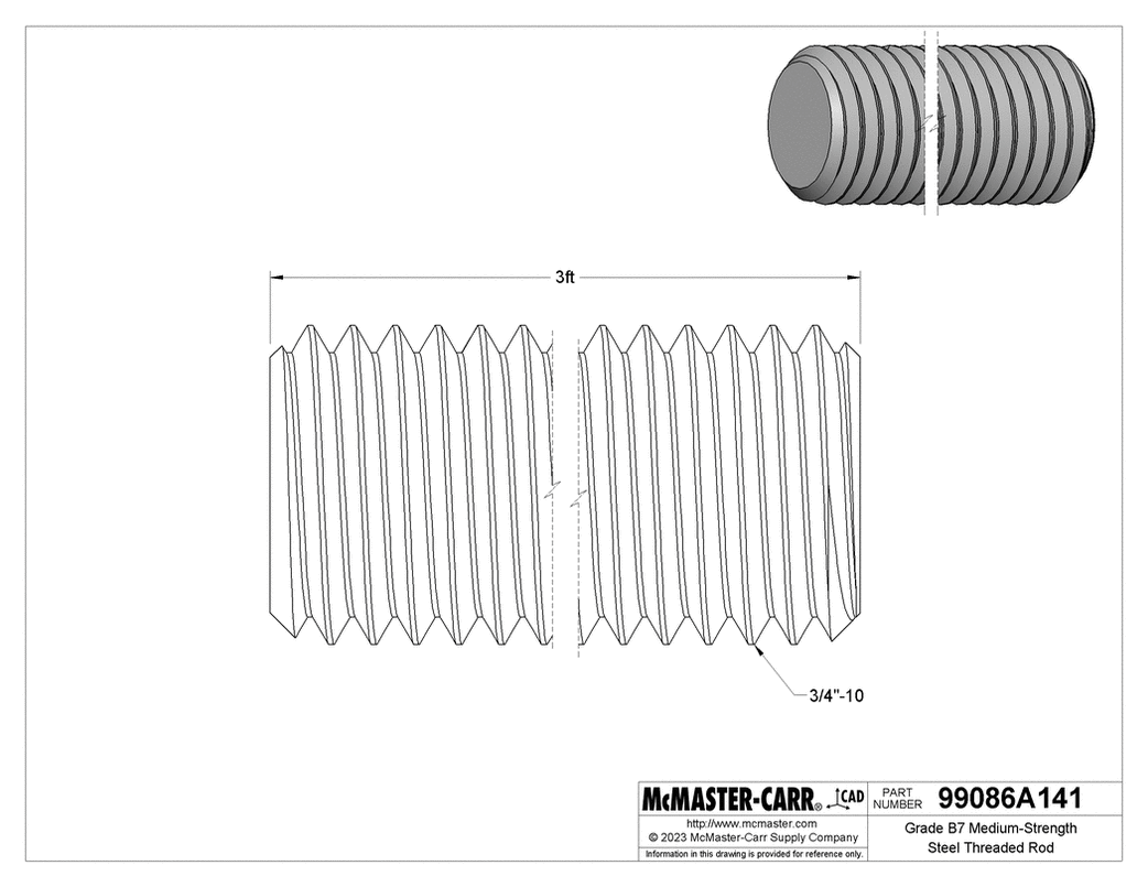 McMaster 99086A141 Grade B7 Medium-Strength Steel Threaded Rod Zinc Ye ...