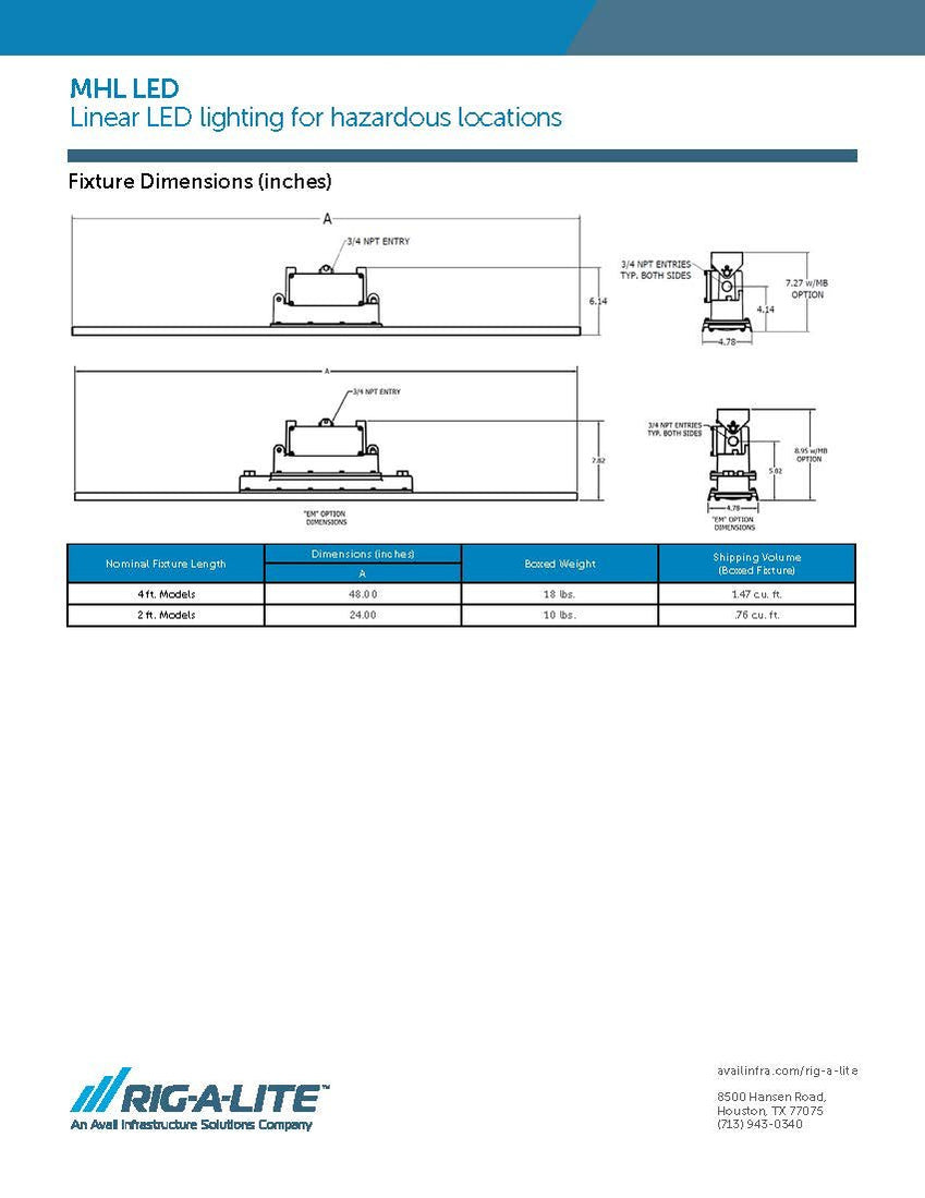 Rig-A-Lite MHL07LC4UMB Linear LED Lighting, Hazardous Location, 4' 54W ...