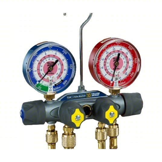 Yellow Jacket 49935 Manifold Gauge 4 Valves, Series Titan, 3 1/8 in Ga ...